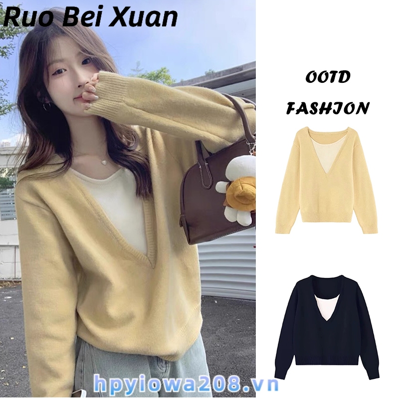 Ruo Bei Xuân Áo len dệt kim sang trọng cổ chữ V màu vàng giả hai chiếc ...