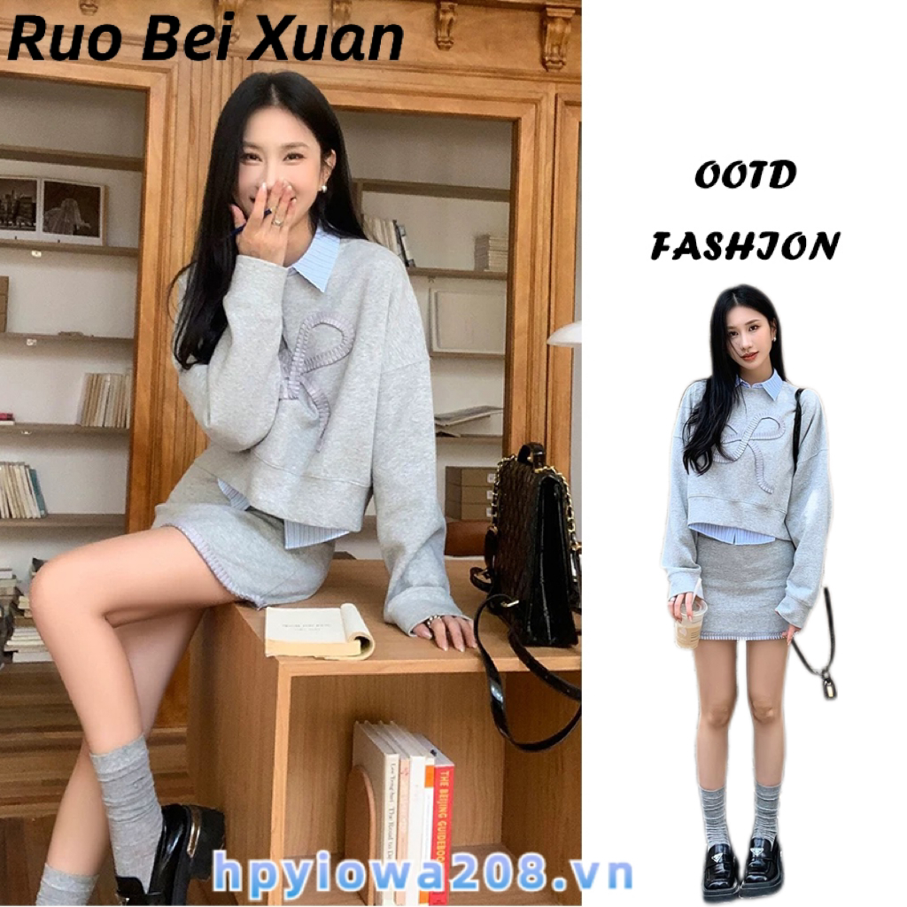 Bộ đồ nữ Ruo Bei Xuân Áo len nơ phong cách Hàn Quốc với áo sơ mi sọc và ...