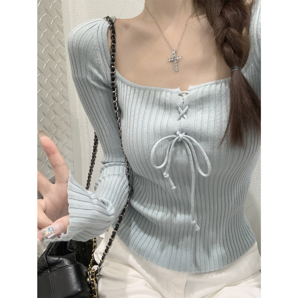 【BANKO】Phiên Bản Hàn Quốc Mùa Thu Nữ Slim-fit Cổ Vuông Phối Ren Xanh ...