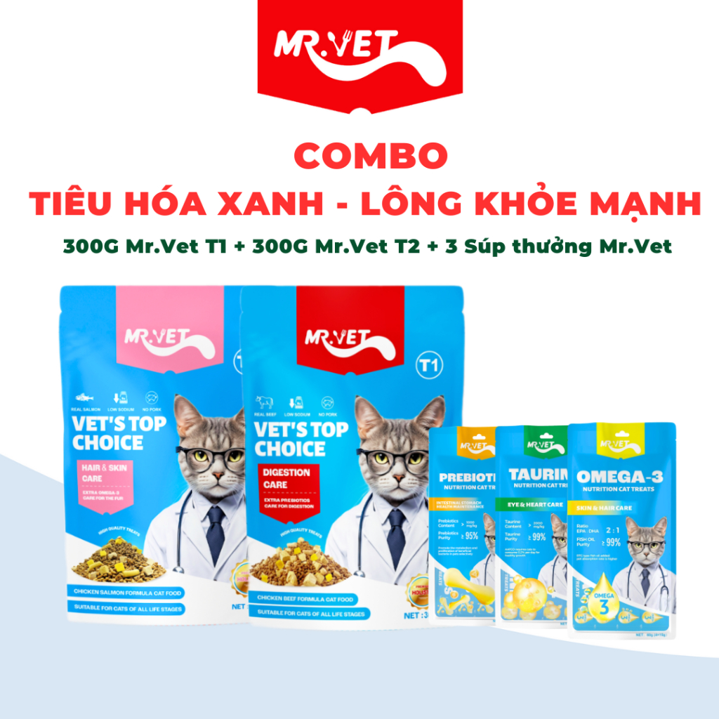 Thức Ăn Cho Mèo MRVET COMBO TIÊU HÓA XANH - LÔNG KHỎE MẠNH Gồm 300G Mr.Vet T2 + 300G Mr.Vet T1 ...
