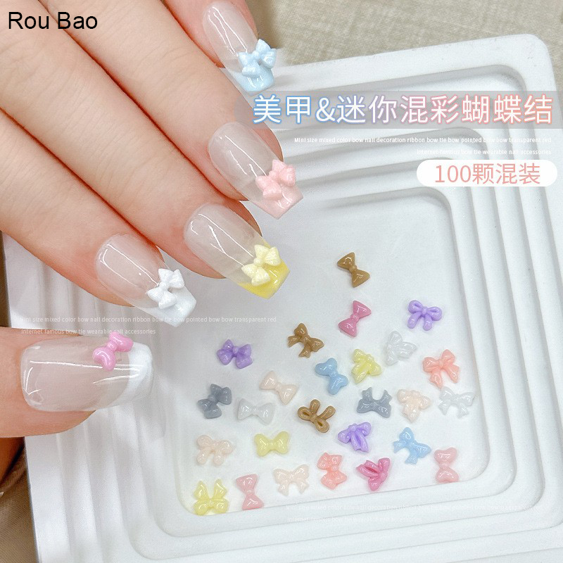 Rou Bao 100 Chiếc Móng Tay Mini Mix Nhiều Màu Sắc Nơ Nữ Tính Nhựa Móng Tay Nghệ Thuật DIY Quyến ...