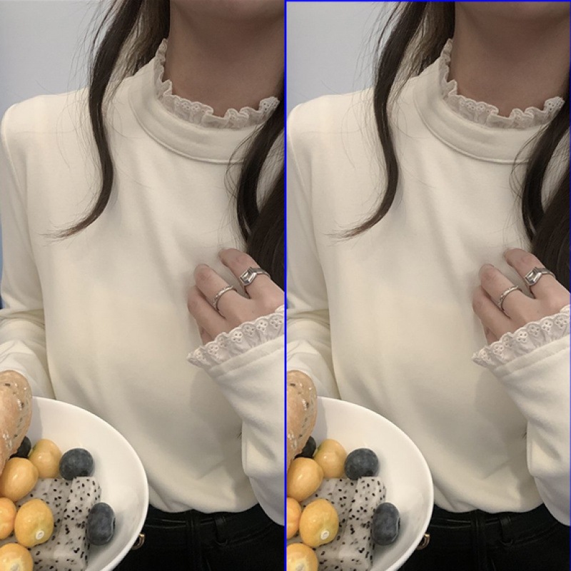 💗Nhung💗Áo Thun Dài Tay Nữ Ren Giả Hai Form Xuông Rộng Basic Thời trang ...