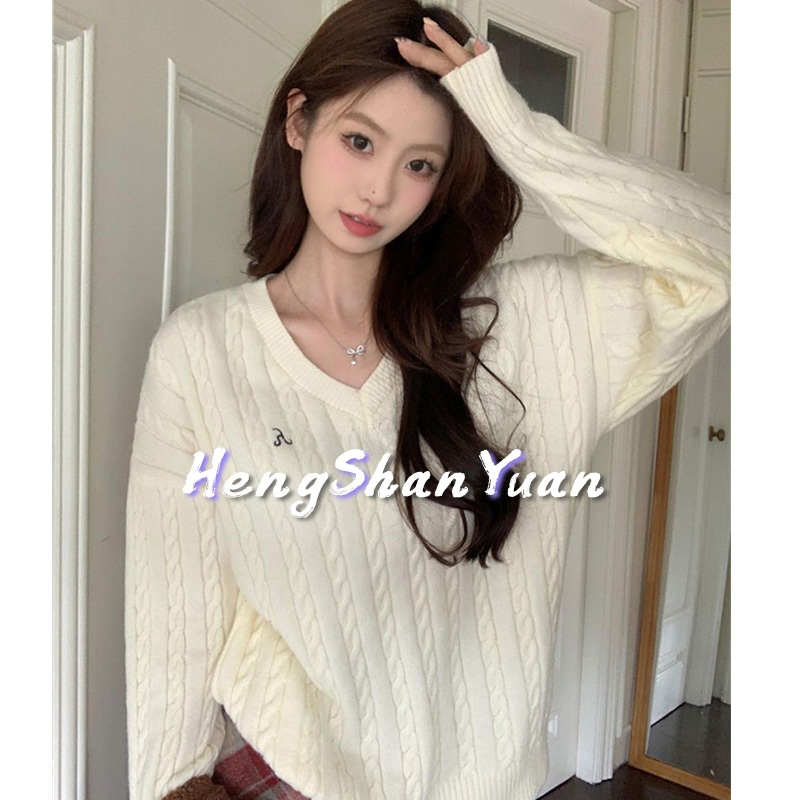 Heng Shan Yuan Áo len nữ phong cách nhẹ nhàng cổ chữ V chiên bột xoắn áo len phiên bản Hàn Quốc ...