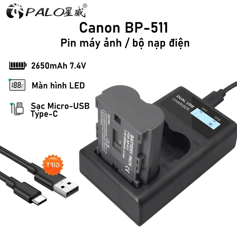 Bộ sạc pin máy ảnh PALO Canon BP511 BP-511 làm đầy kép phù hợp cho 50D ...