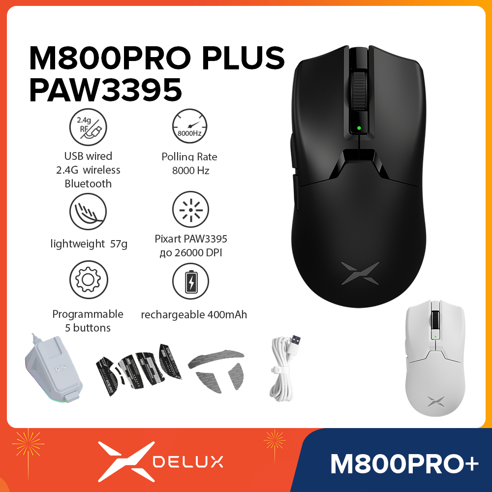 Delux M800PRO PLUS PAW3395 8000Hz Sạc 400mAh lên đến 26000 DPI Nhẹ 57g Nút lập trình Chuột chơi ...
