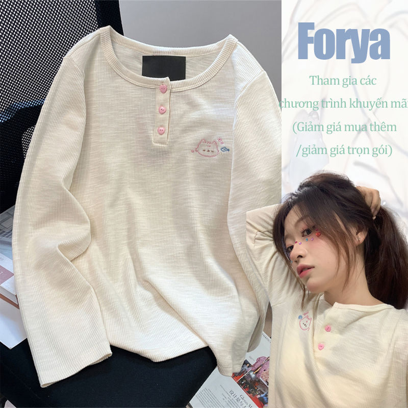 48h-99【Forya】Ngày thiết lập ngọt ngào dài tay áo T-shirt nữ thẳng vai bên trong áo lót | Shopee ...