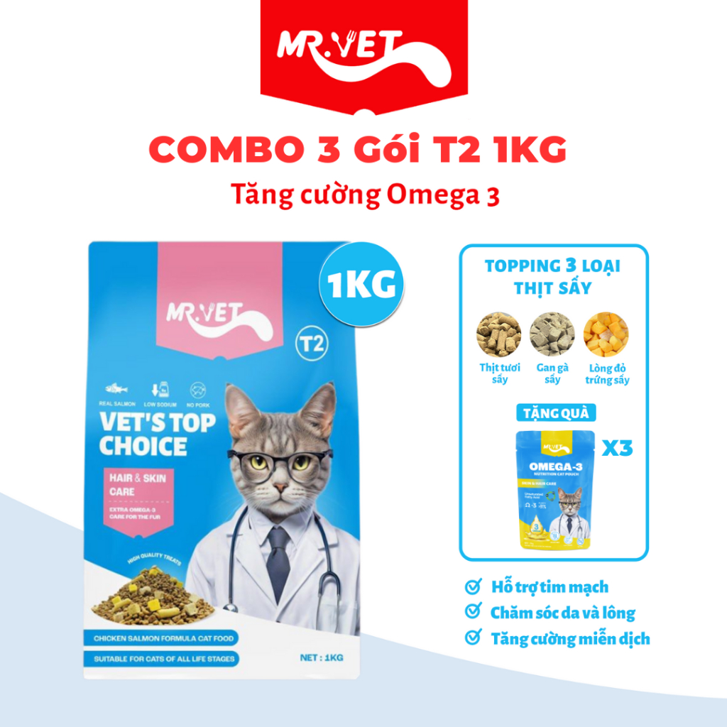 Thức ăn cho mèo MRVET T2 combo 3 gói 1kg pha chế từ gà và cá hồi, bổ sung omega 3 cho da và áo ...