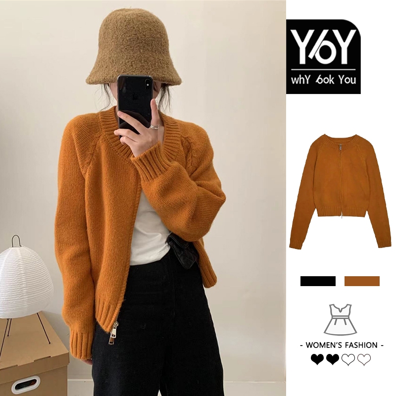 Y6y Thu Đông Lười Phong Cách Cam Vàng Dây Kéo Dệt Kim Cardigan Thời ...