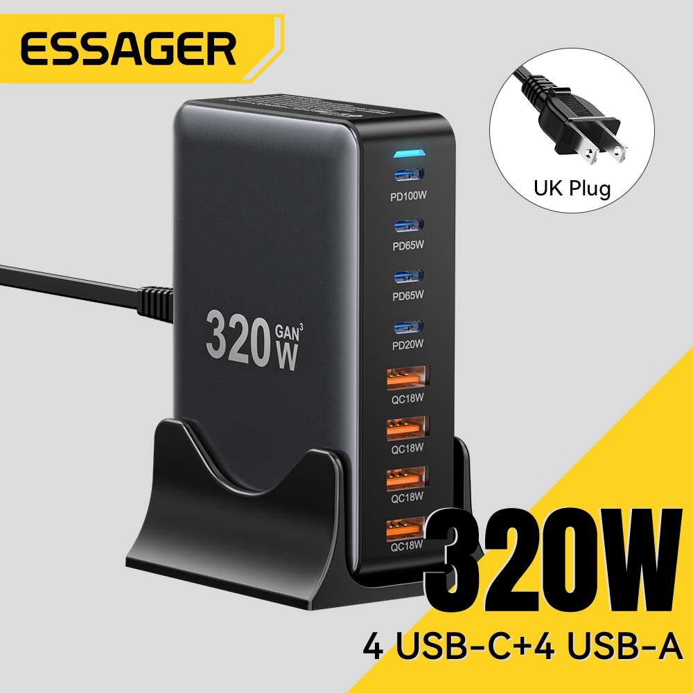 Bộ sạc nhanh Essager 320W USB A + Type-C Bộ sạc 8 cổng cho máy tính xách tay / máy tính bảng ...