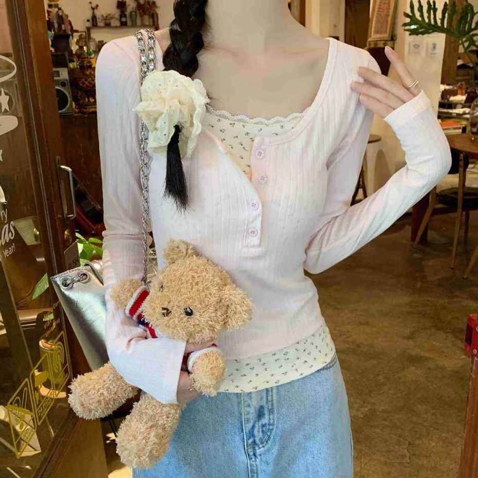 【Forya】áo thun dài tay giả hai dây phối ren hoa nữ, ôm dáng, coquette ...