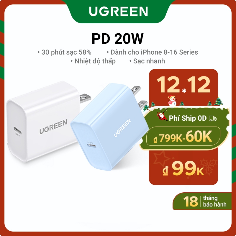 Bộ sạc nhanh UGREEN 20W PD Type C cho xiaomi (Trắng/Xanh) | Shopee Việt Nam