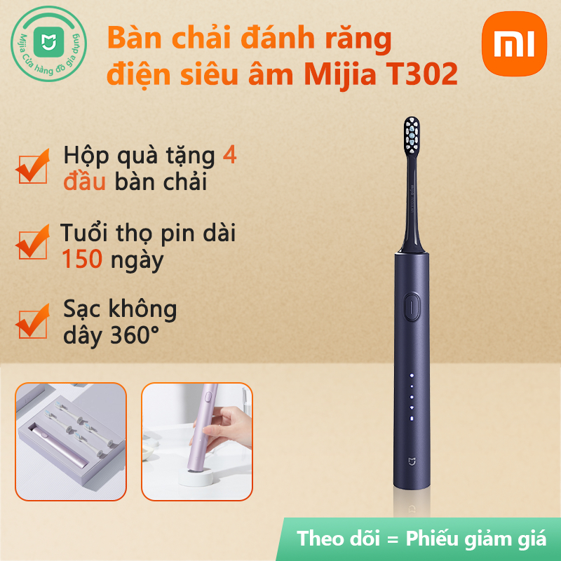 Bàn chải đánh răng điện Xiaomi Mijia Sonic T302 với 4 đầu bàn chải sạc không dây cặp đôi Bàn ...