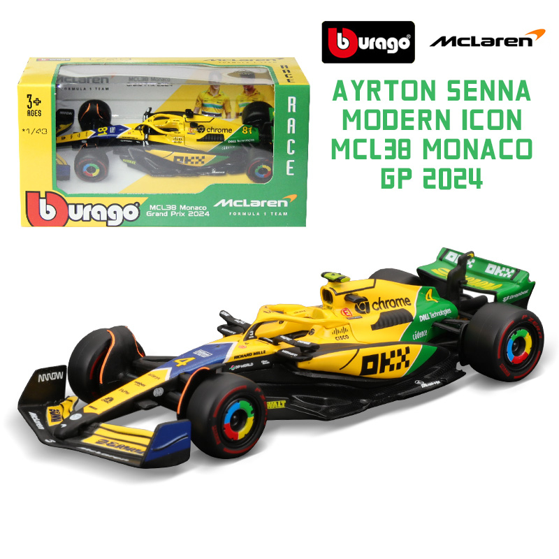 Bburago 1: 43 2024 Mclaren MCL38 Ayrton Senna Modern Icon Monaco GP #4 Lando Norris #81 Oscar ...