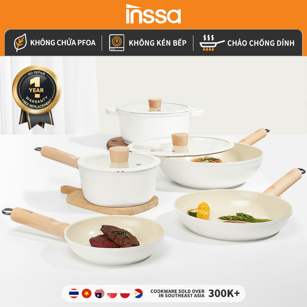INSSA Bộ 5 Nồi chảo chống dính cao cấp , dùng bếp điện từ, bộ nồi chảo, gia dụng, nồi canh, chảo ...