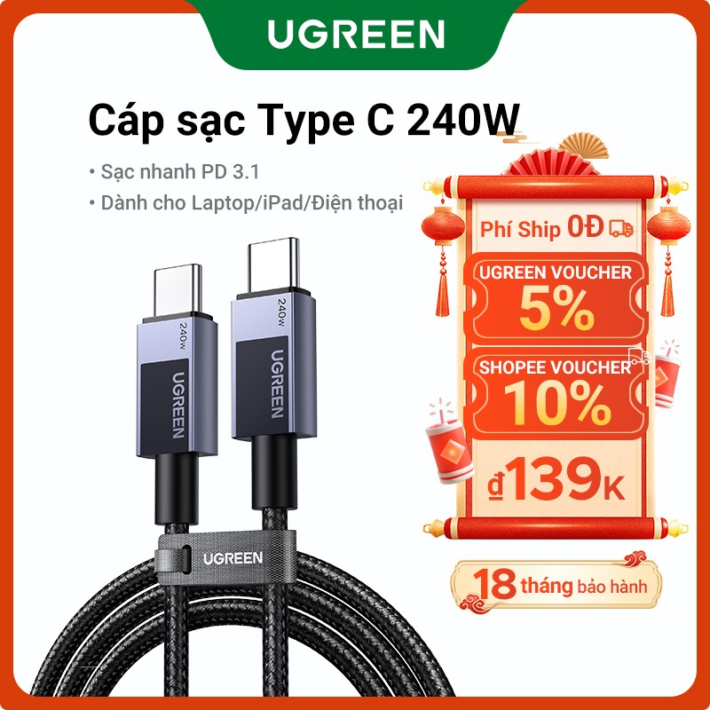 Mới Bán Ugreen 240W PD3.1 Type C sang Type C 480Mbps Cáp sạc nhanh bện USB C cho Macbook, iPhone ...