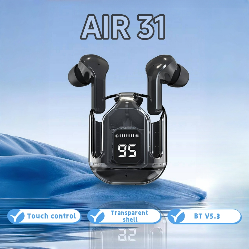 Tai nghe nhét tai trong suốt không dây Air31, tai nghe Bluetooth điều khiển cảm ứng âm lượng ...