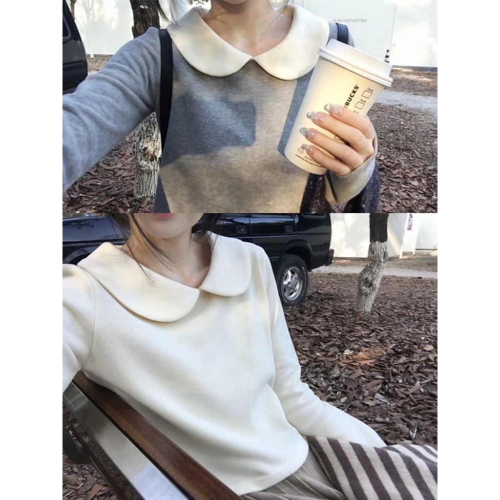 【Forya】Áo Thun Dài Tay Nữ Slim-Fit Ôm Hơn Nhìn Ngắn Cô Gái Cổ Búp Bê ...