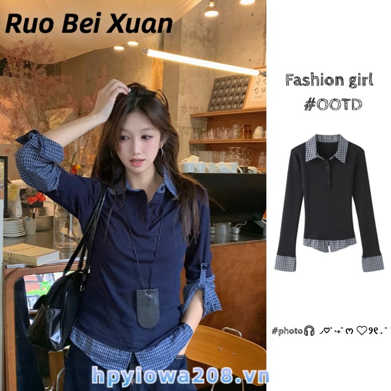 Ruo Bei Xuan Áo sơ mi nữ cổ Polo khâu màu tương phản dài tay phong cách ...