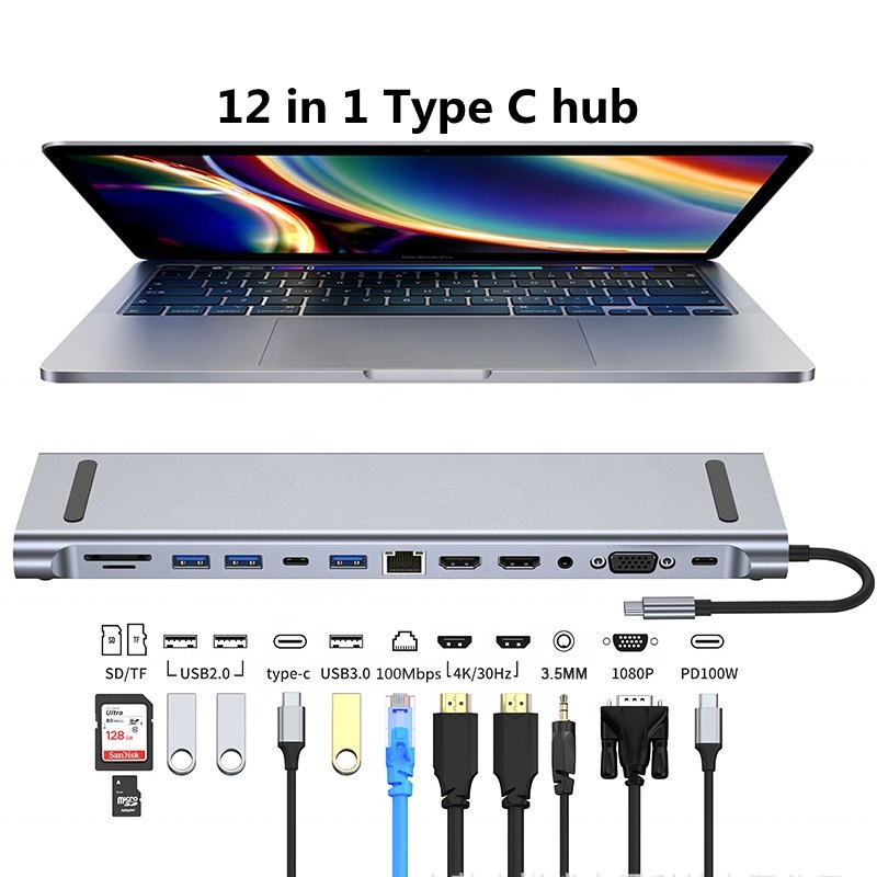 12 Trong 1 USB Loại C Hub Sang Dual HDMI 4K VGA RJ45 Ethernet SD TF Đầu ...