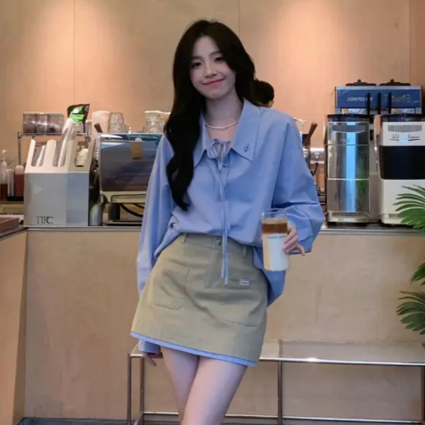 Phiên bản Hàn Quốc Tính khí Bộ đồ thời trang nữ dáng rộng màu xanh ve ...