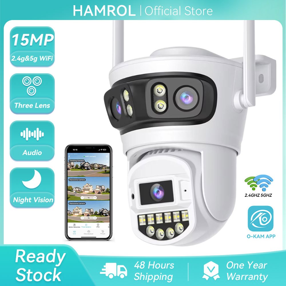 Hamrol 15MP Ba Ống Kính Ba Màn Hình 5G & 2.4HZ PTZ WiFi IP Camera Phát ...