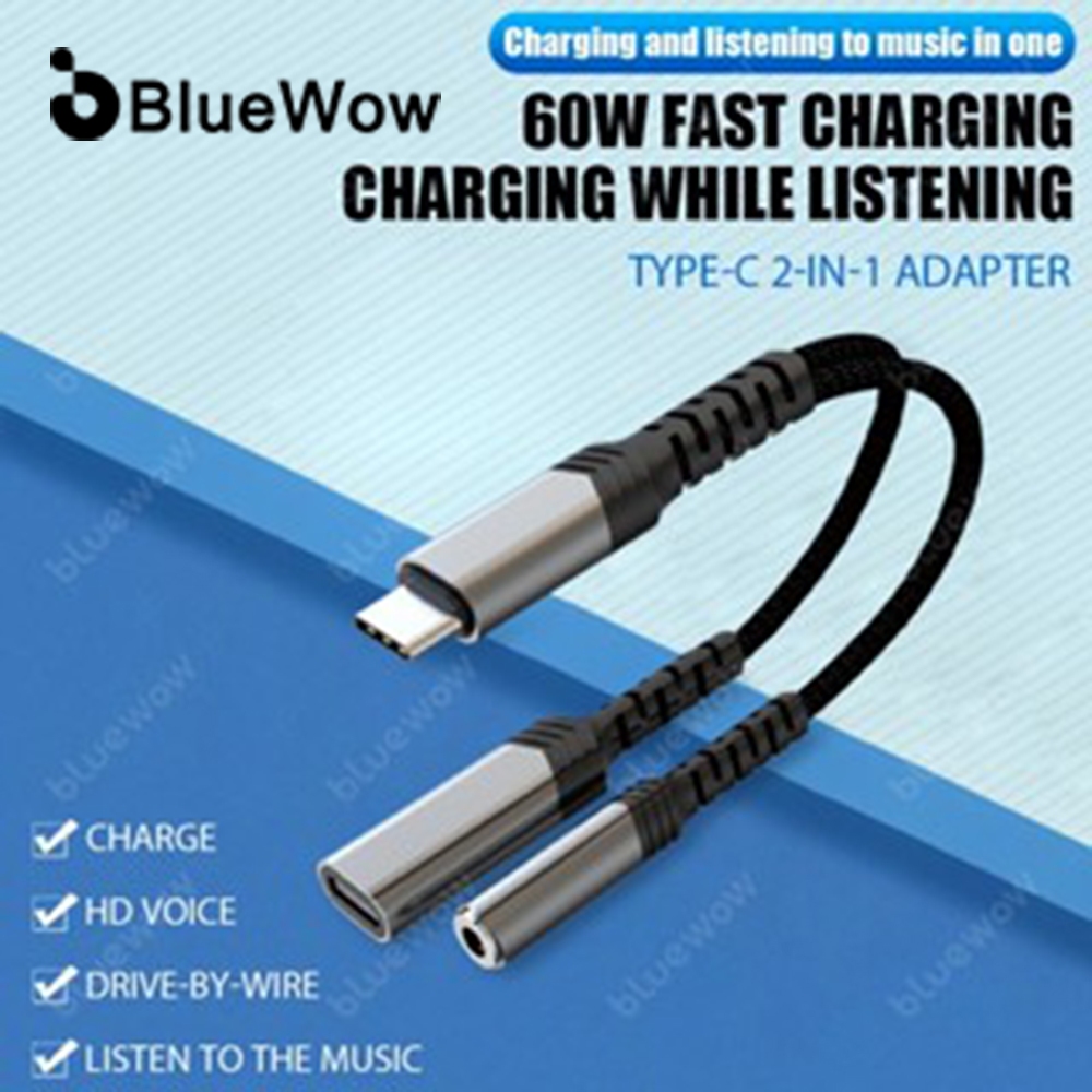 Bluewow Bộ chuyển đổi 2 trong 1 Type C sang Jack 3,5mm Bộ chuyển đổi tai nghe AUX Cáp USB C sang ...