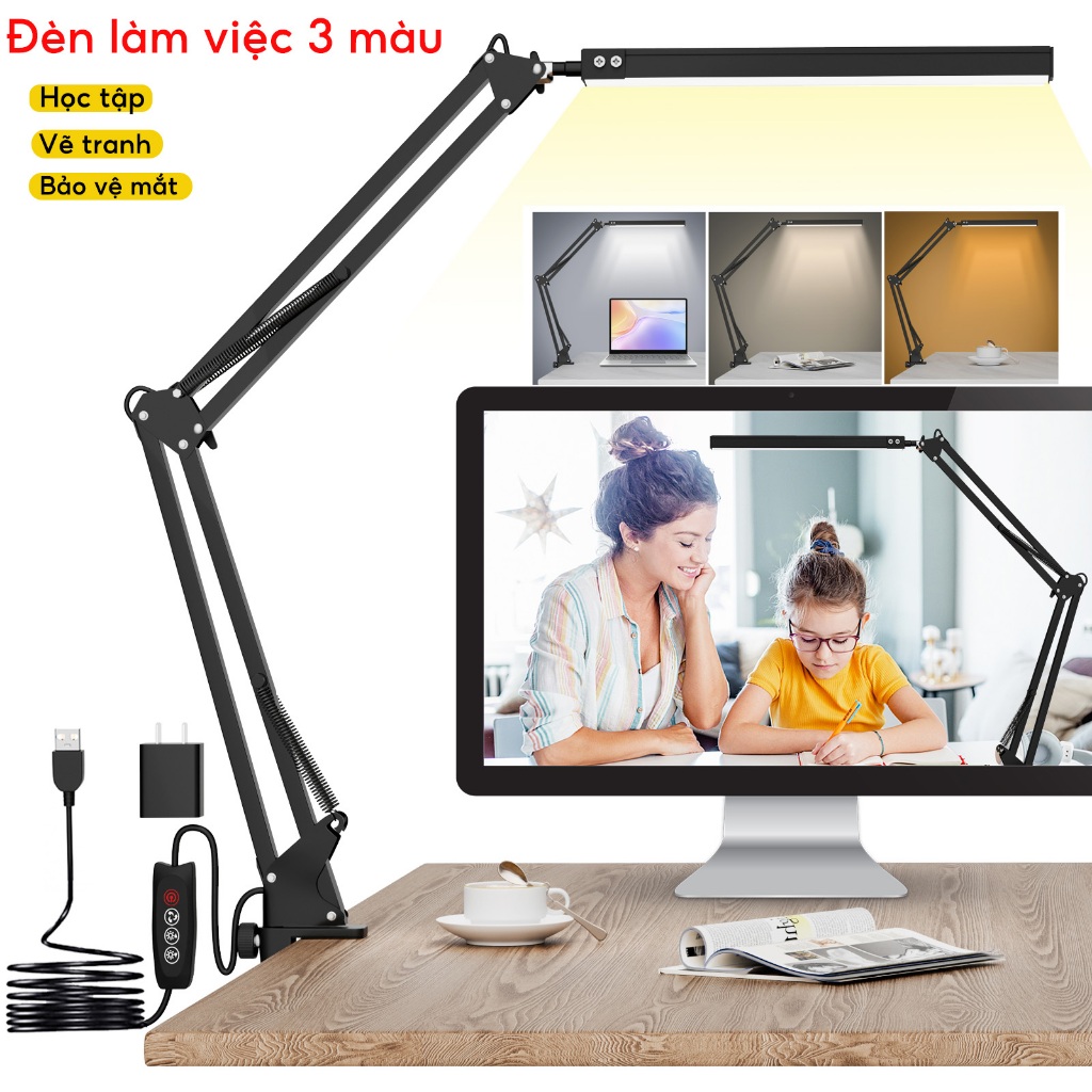 Đèn bàn LED, đèn bàn tay xoay có kẹp, 3 loại đèn có chế độ chăm sóc mắt 10 độ sáng, đèn bàn đọc ...
