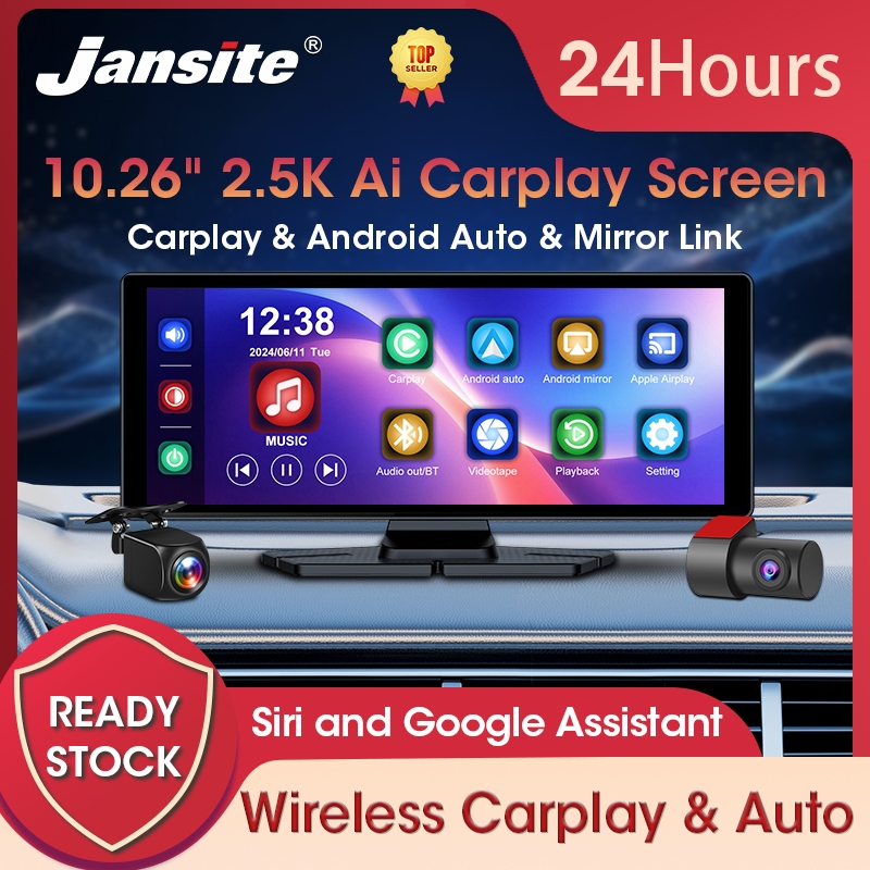 Jansite 10.26 inch Dash Cam WithVoiceControl Carplay và Android Auto DVR Đầu ghi trước 2.5K Phía ...