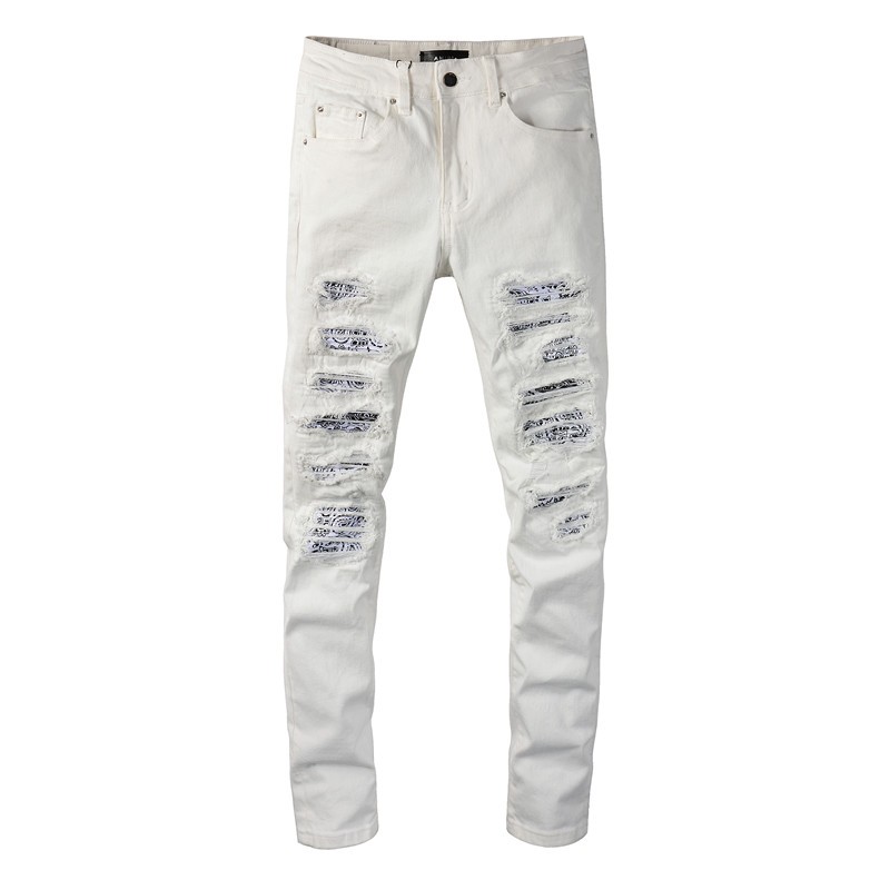 Amiri High street fashion men jeans with white slim fit patch print and ...