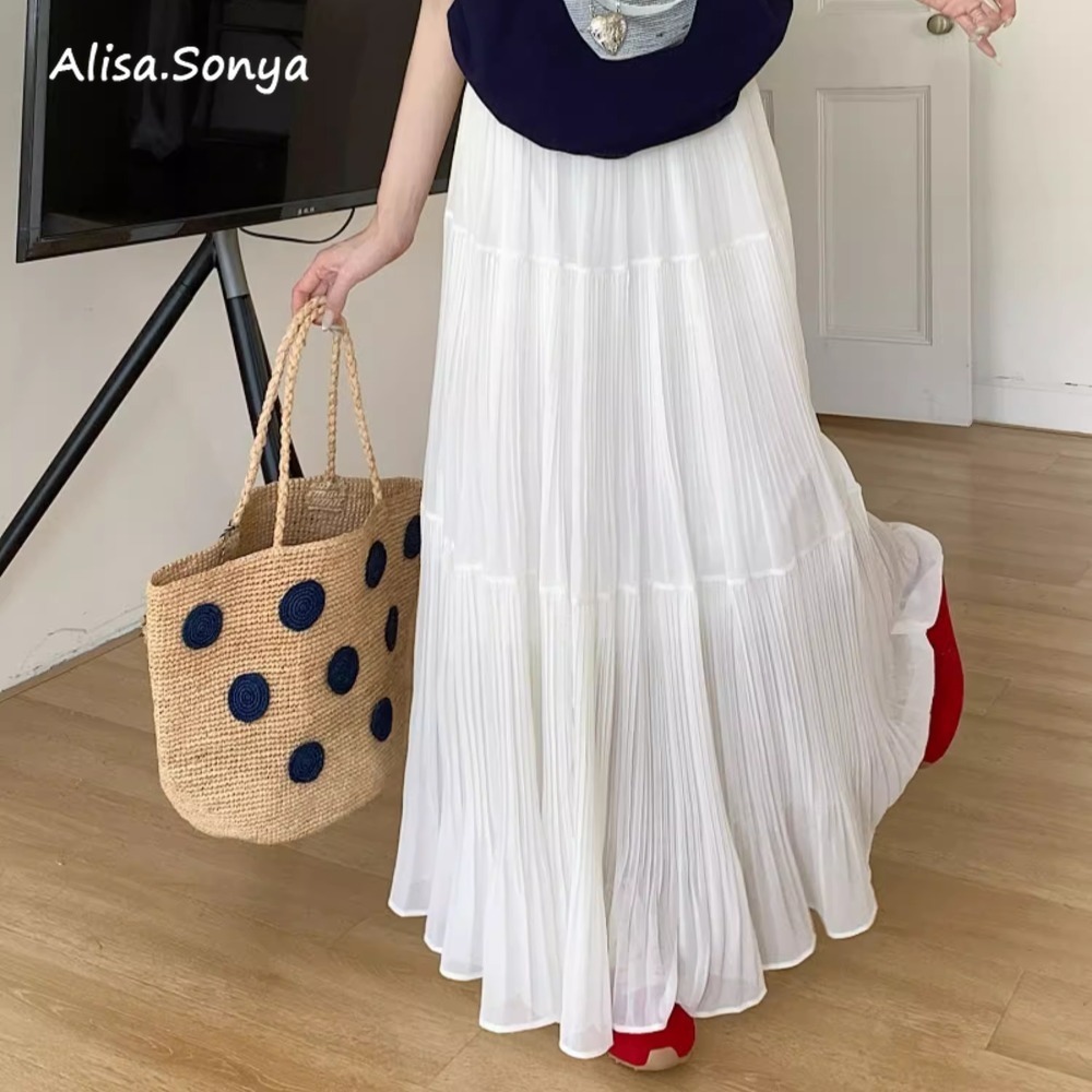 Alisa.Sonya Nữ Maxi Chân Váy Ulzzang Dáng Chữ A Lụa Dài Dập Ly Tăm Lạnh ...