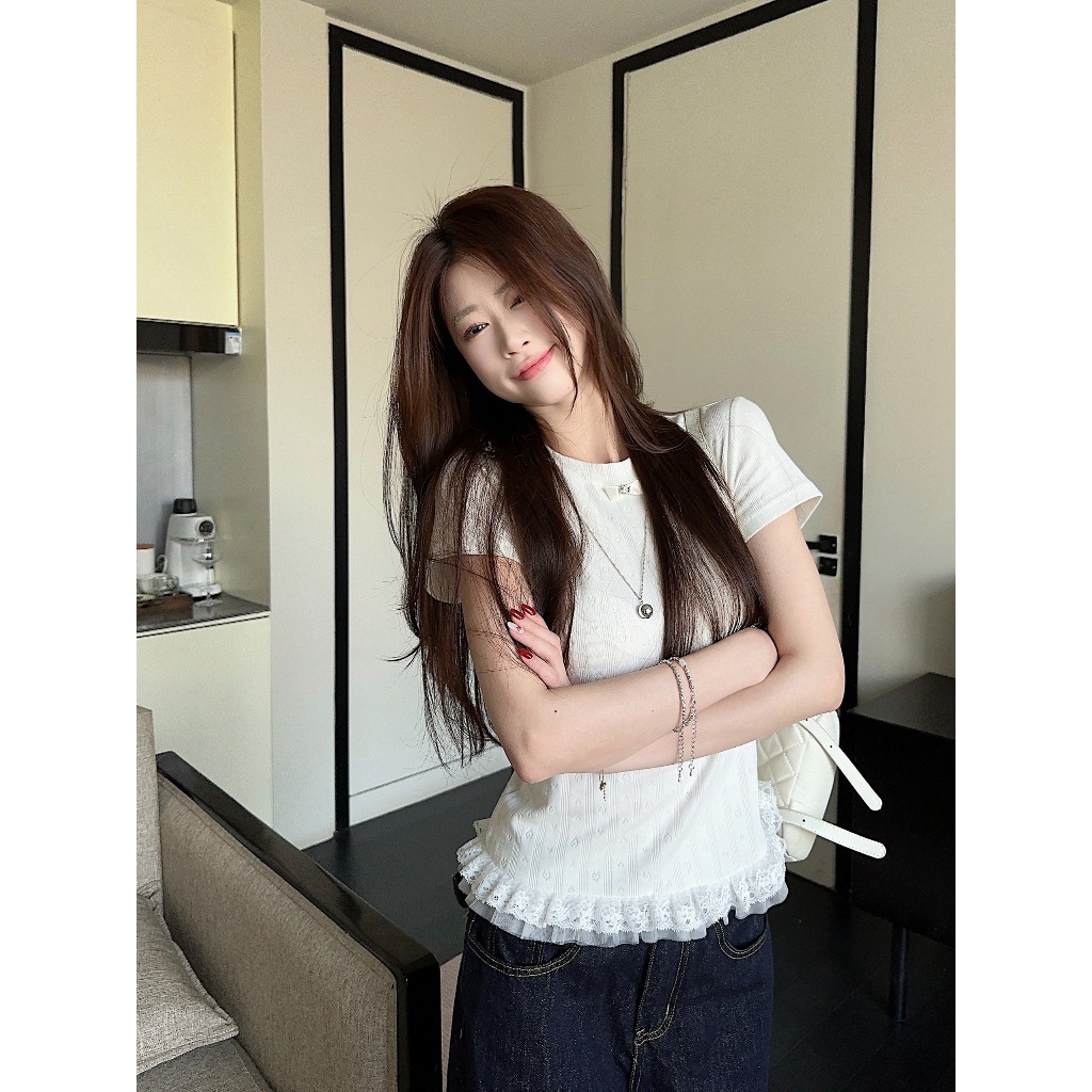 Áo croptop thun ngắn tay ren ren nguyên chất jacquard chính hãng dành cho nữ mùa hè chắp vá ...