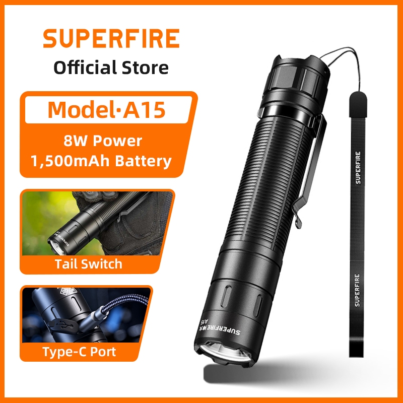 Superfire A15 8W Đèn pin LED mạnh mẽ Mini EDC Torch USB-C Sạc 18650 Đèn lồng để cắm trại Chiếu ...