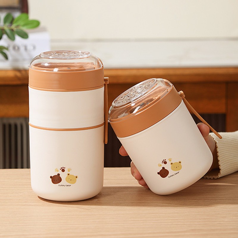 520ml / 750ml Hộp cơm trưa giữ nhiệt bằng thép không gỉ hai lớp di động có thìa và túi hoạt hình ...