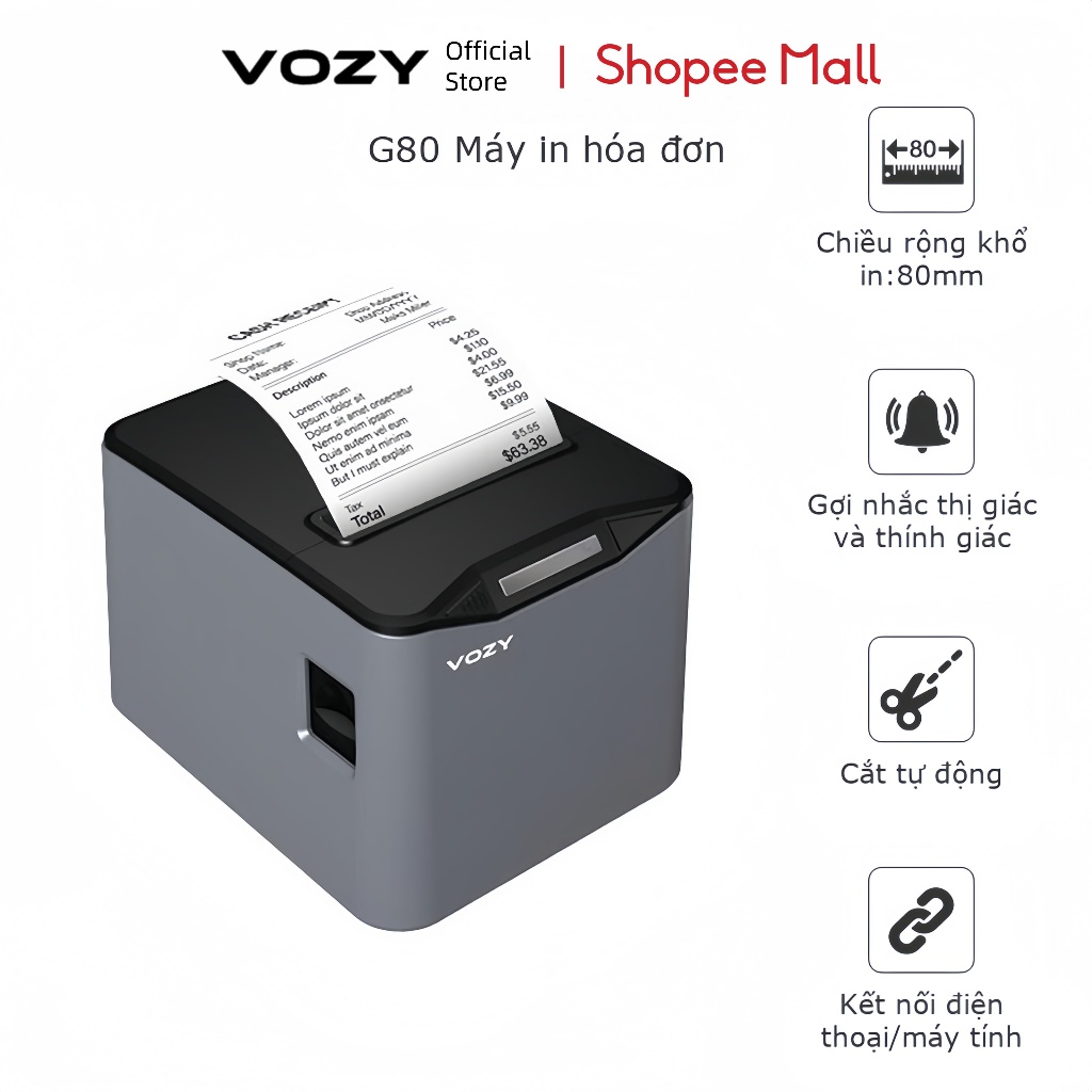 Máy in hóa đơn VOZY G80 80mm Máy in POS nhiệt Bluetooth + USB Cắt tự ...