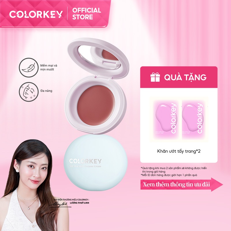 Kem má hồng COLORKEY có thể làm phấn mắt và son môi 3 trong 1 đa năng mềm mại và dễ tán 2.5g ...