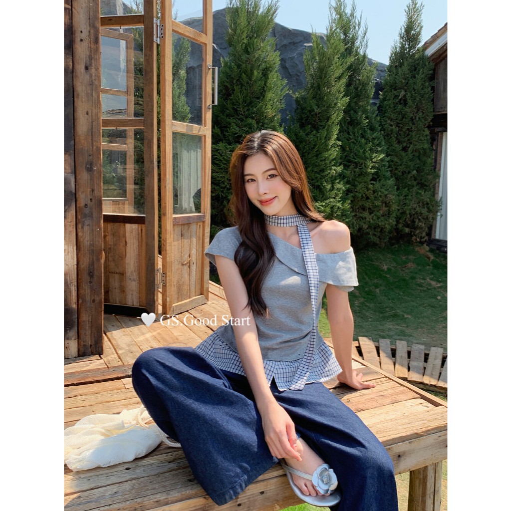 Phong cách Hàn Quốc lá sen ren ca rô chắp vá xẻ vai ruy băng một cổ áo | Shopee Việt Nam