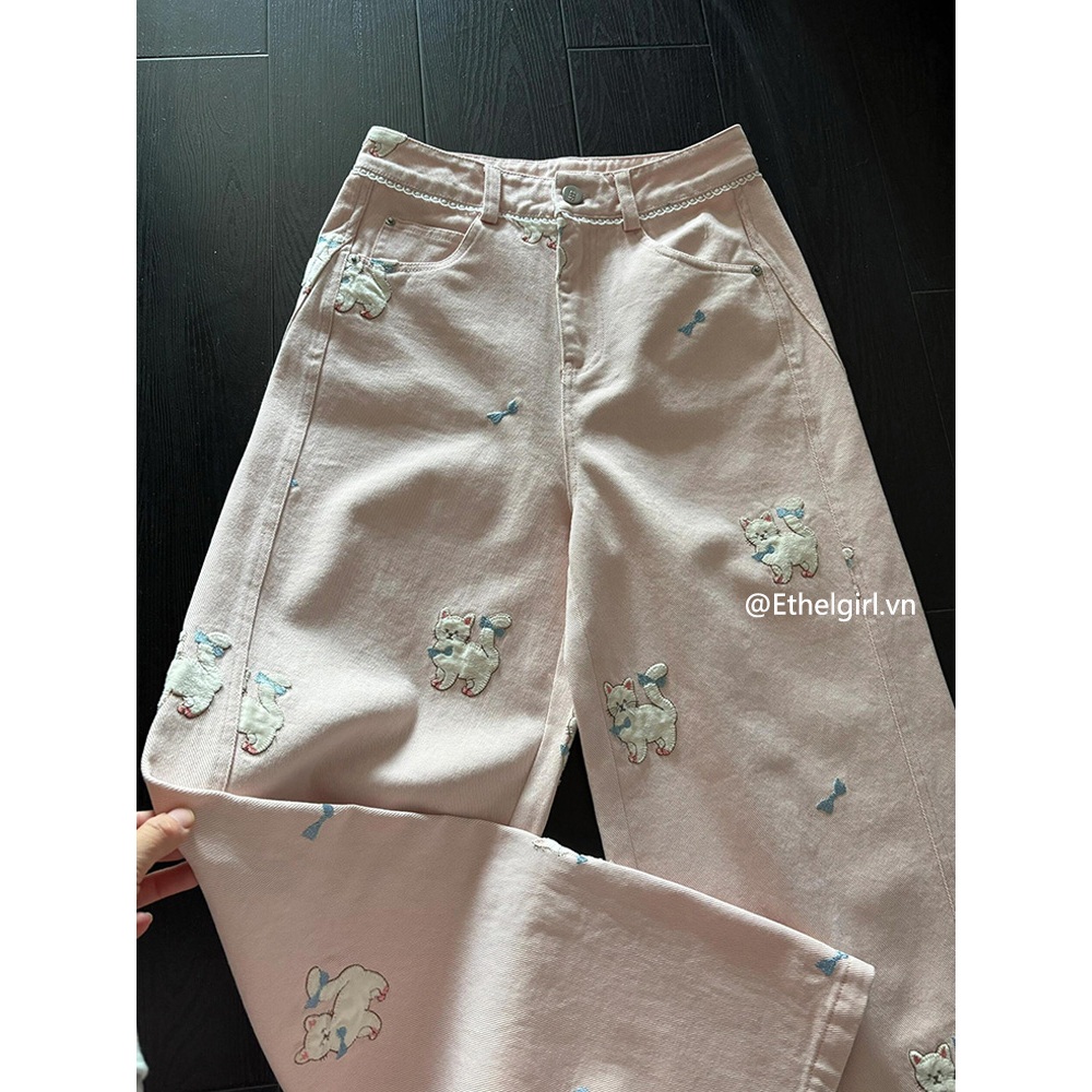 Ethelgirl Quần denim Hàn Quốc mèo con thêu chân thẳng màu hồng | Shopee ...