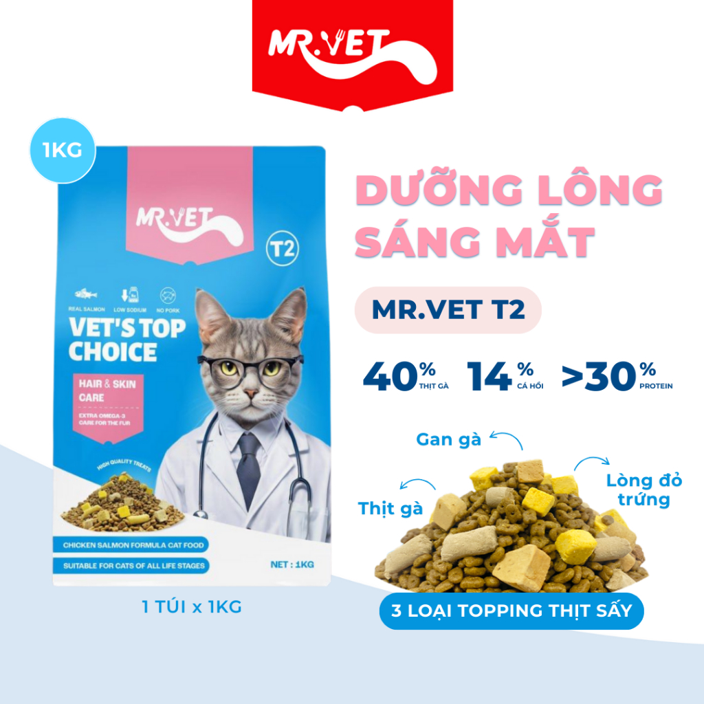 Thức ăn cho mèo MRVET T2 1KG công thức từ gà, cá hồi, bổ sung omega 3 cho da và lông khỏe mạnh ...