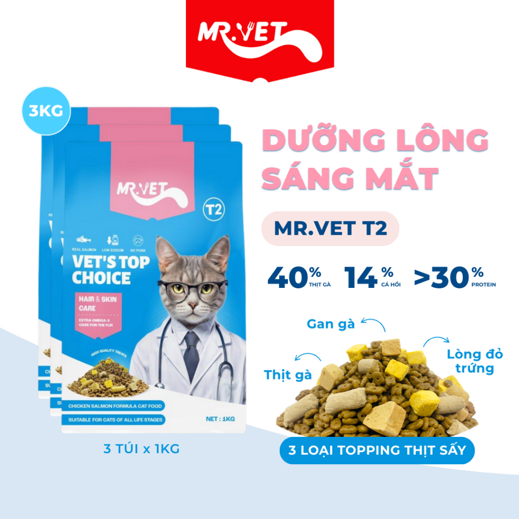 Thức ăn cho mèo MRVET T2 combo 3 gói 1kg công thức từ: gà và cá hồi hỗ trợ phòng các vấn đề của ...