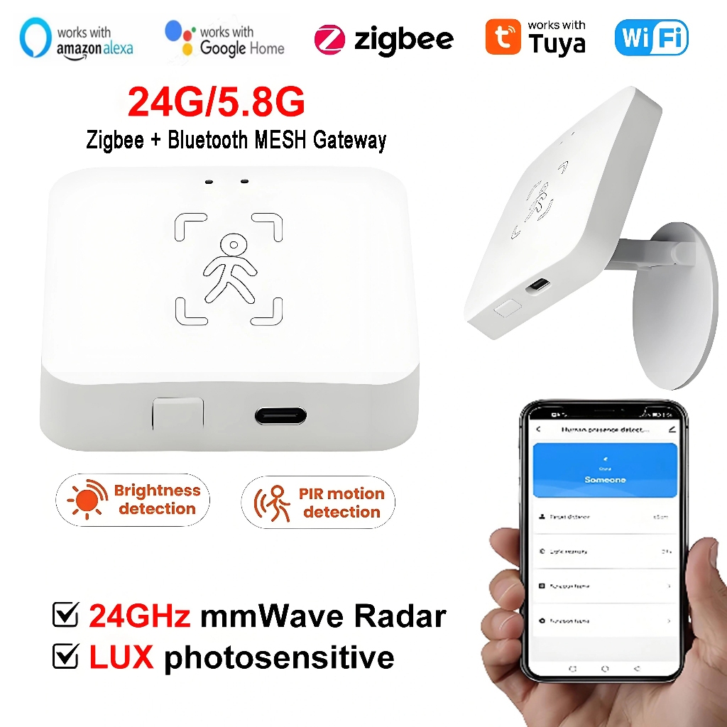 Cảm biến hiện diện của con người 2-IN-1 Tuya WiFi / Zigbee 24G / 5.8G MmWave Máy dò Radar Độ ...