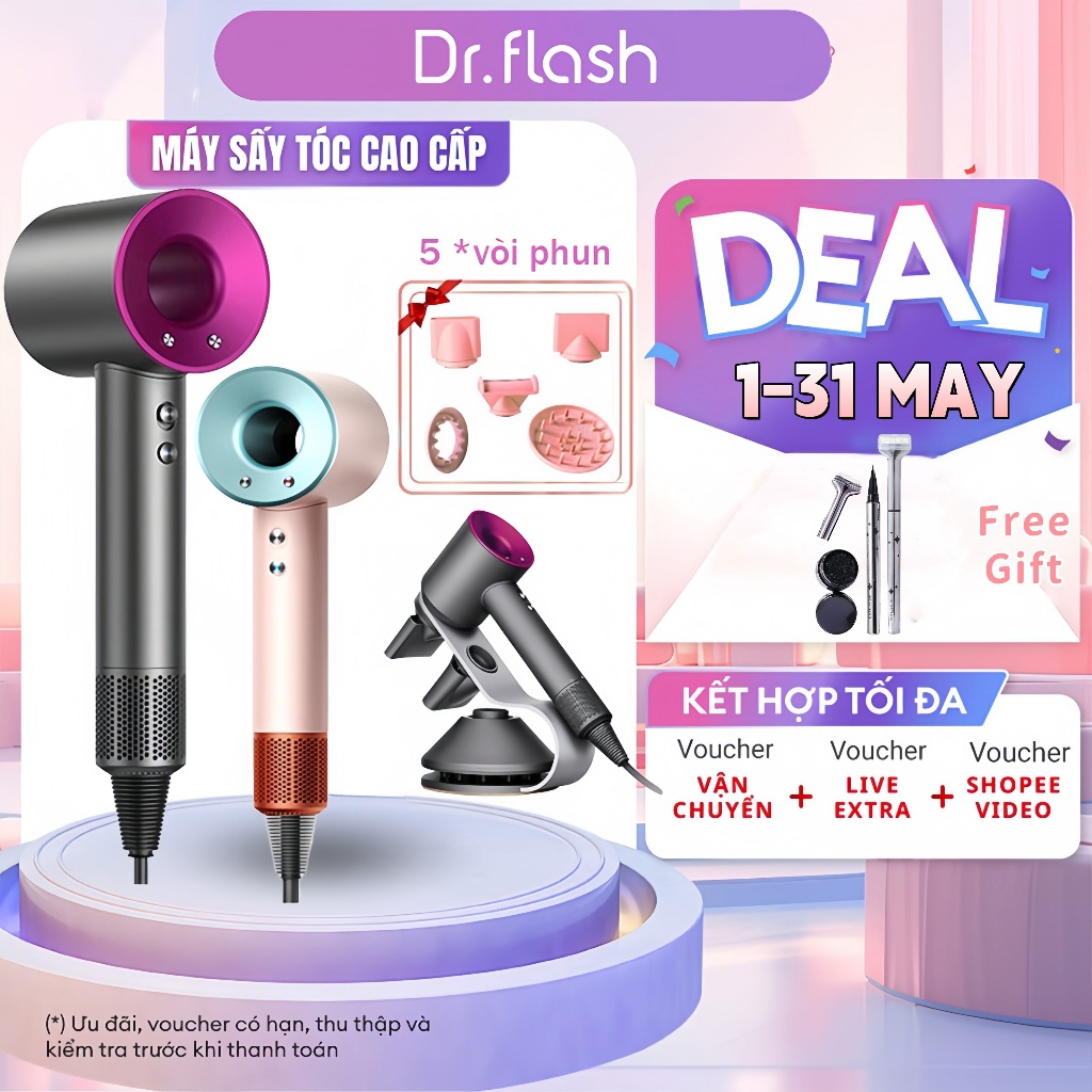 Dr flash Máy sấy tóc ion âm， 2 Chiều Nóng Lạnh 3 Tốc Độ Công Suất Tặng ...