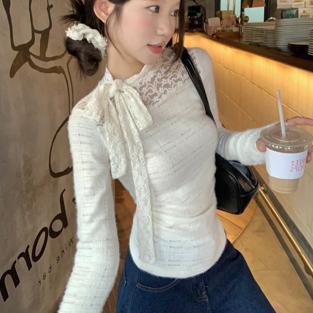 【W】Áo Thun Nữ Dài Tay Nữ Ren Bow tie straps Ôm body Thời trang Top khí ...