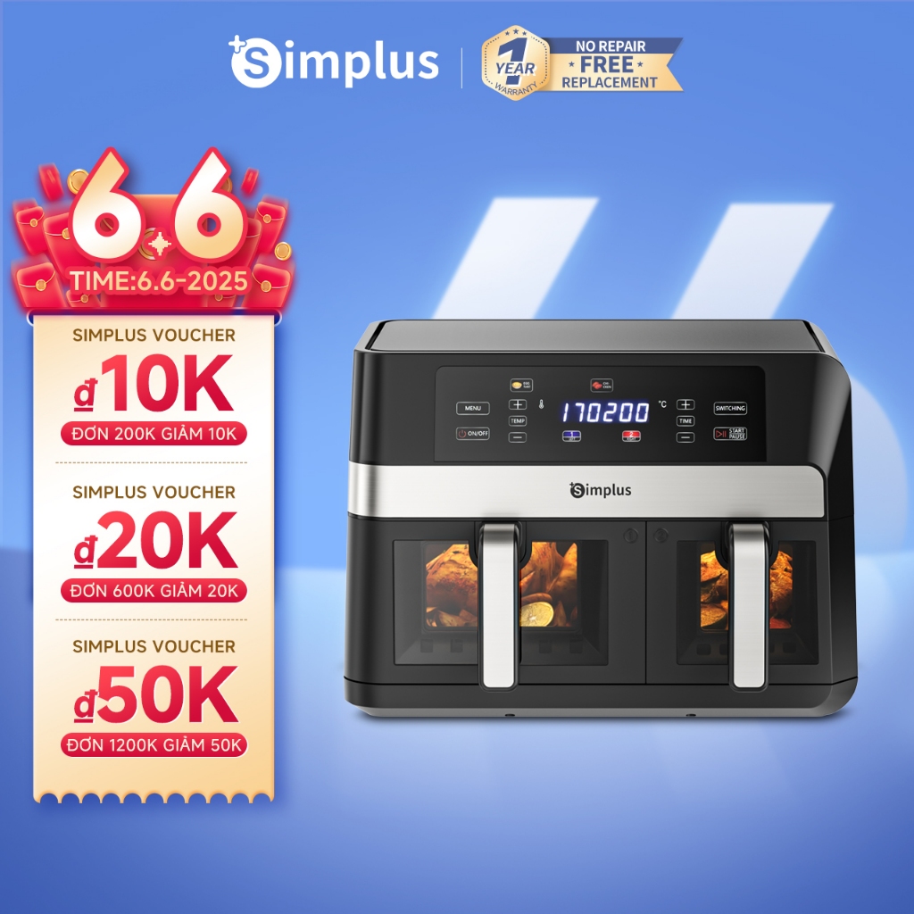 Simplus Nồi Chiên Không Dầu Hai Ngăn Dung Tích Lớn 10LMàn Hình LCD Menu 11 Món Cài Sẵn Cửa Sổ ...