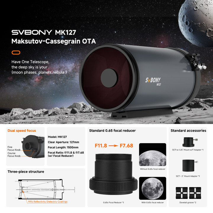 Svbony MK127 127mm F11.8 Tập trung tốc độ kép 3 gương Mak Kính thiên văn học có thể bảo vệ 2 ...