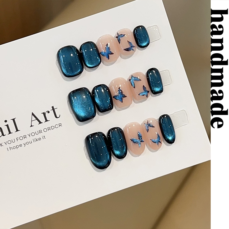 Bấm vào móng tay handmade [Blue Enchantress] Móng tay giả Nơ vẽ tay ...