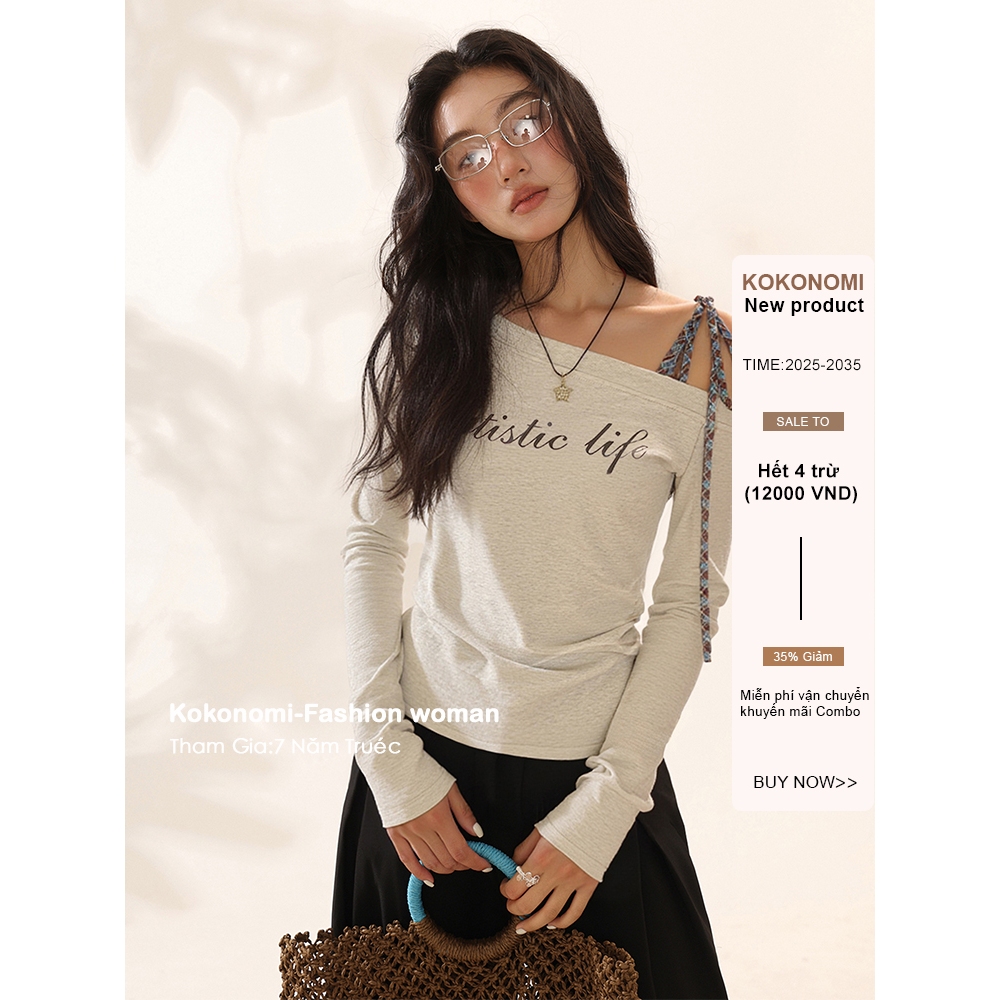 KOKONOMI Áo thun dài tay retro đầu thu cho nữ, thiết kế slanted-up với ...