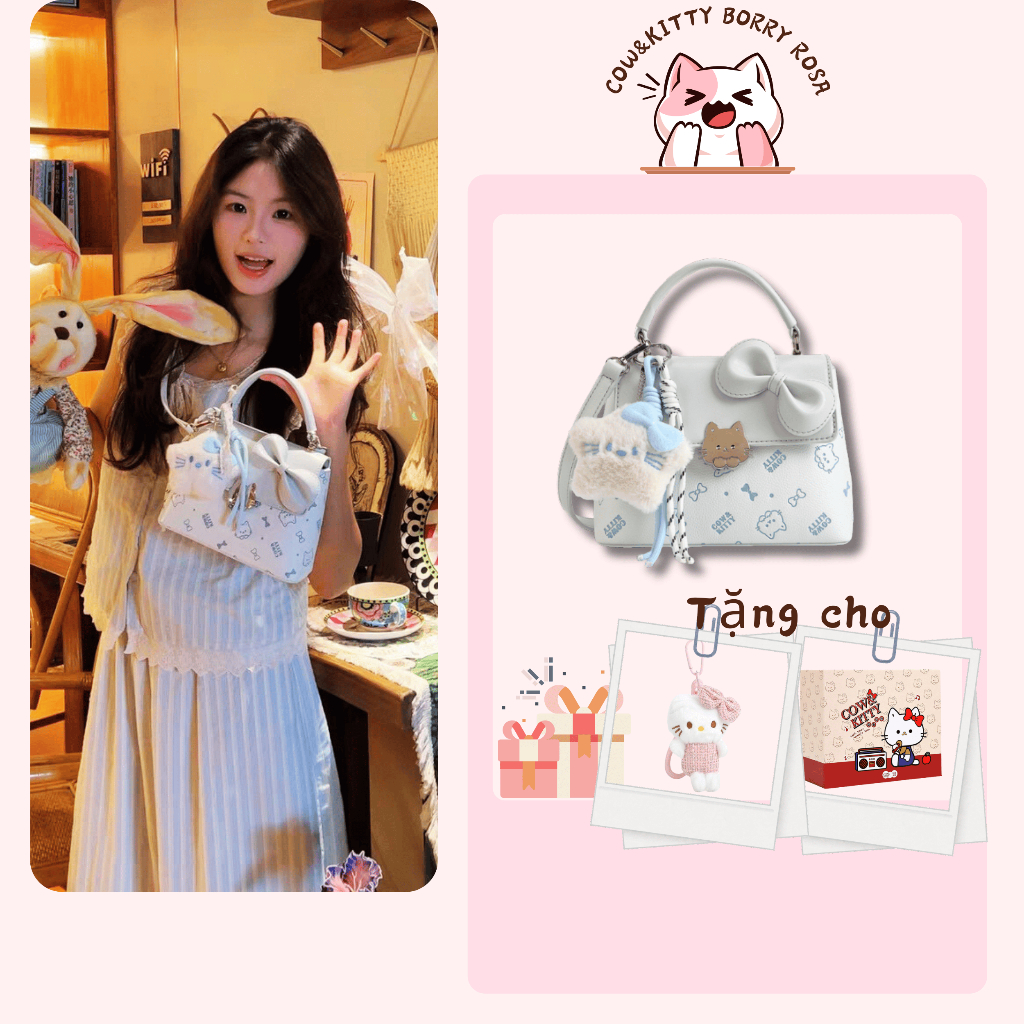 Cow & KITTY/BORRY ROSA THƯƠNG HIỆU, túi giỏ màu xanh có khóa kéo và bùa ...