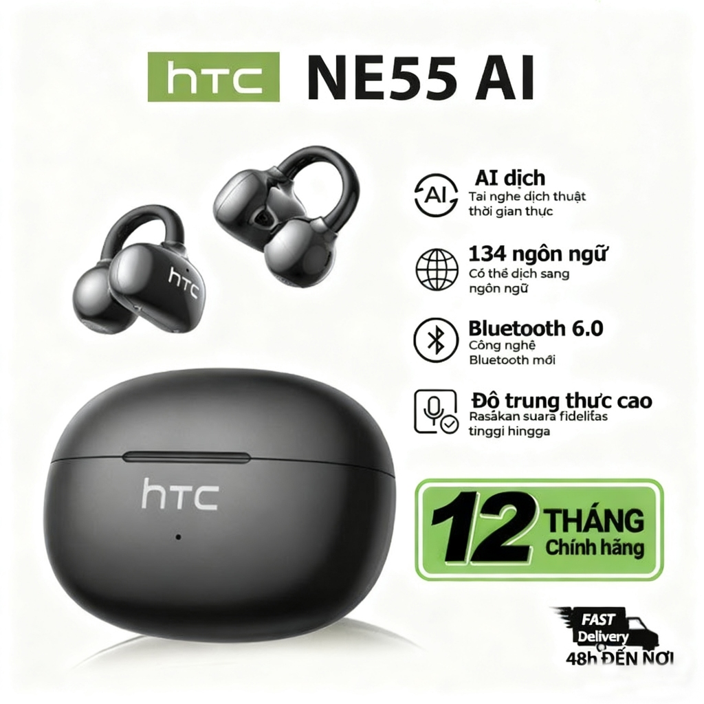 Tai nghe dịch thuật Bluetooth 6.0 HTC NE55 AI hỗ trợ phụ đề thời gian ...