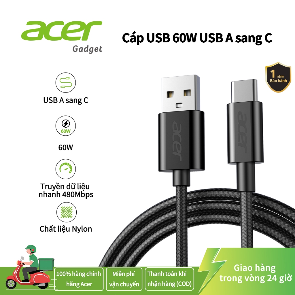 Acer Cáp 60W USB A sang USB C, Truyền dữ liệu 480Mbps, Bộ sạc nhanh ...