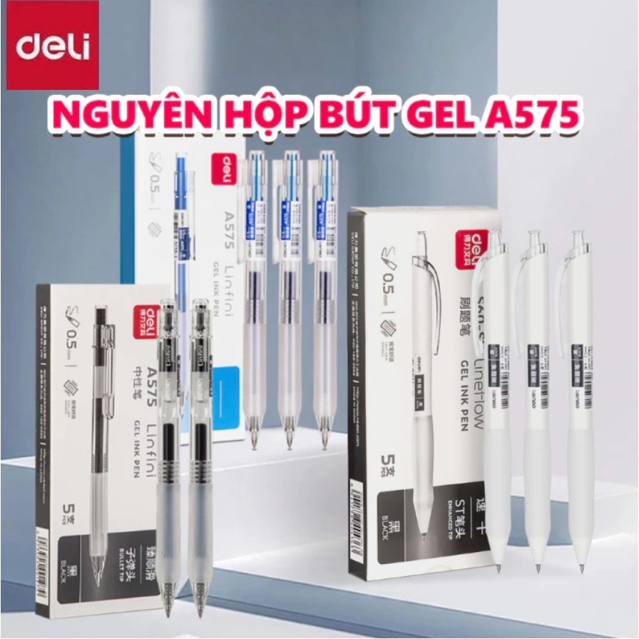 Hộp 5 Bút Gel Deli A575 Bút Bi Nước 0.5mm, Bút Bi Bấm Mực Gel Trơn Tru ...